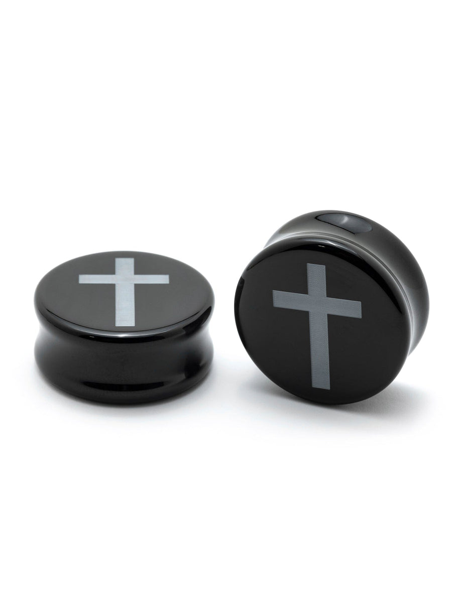 Cross Engraved Black Agate Stone Plugs Engraved Stone Gauges PlugYourHoles